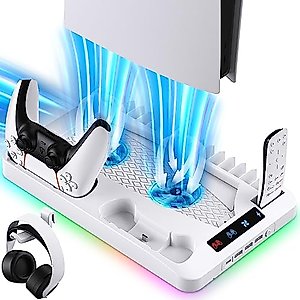 Cooling Stand for Playstation 5 Console Disc/Digital Edition, Cooling Station for PS5 w/Controller Charger,4 USB Hub&16 Games&Media Remote Holder&RGB Lights,Vertical Gaming Base for PS5 Accessories