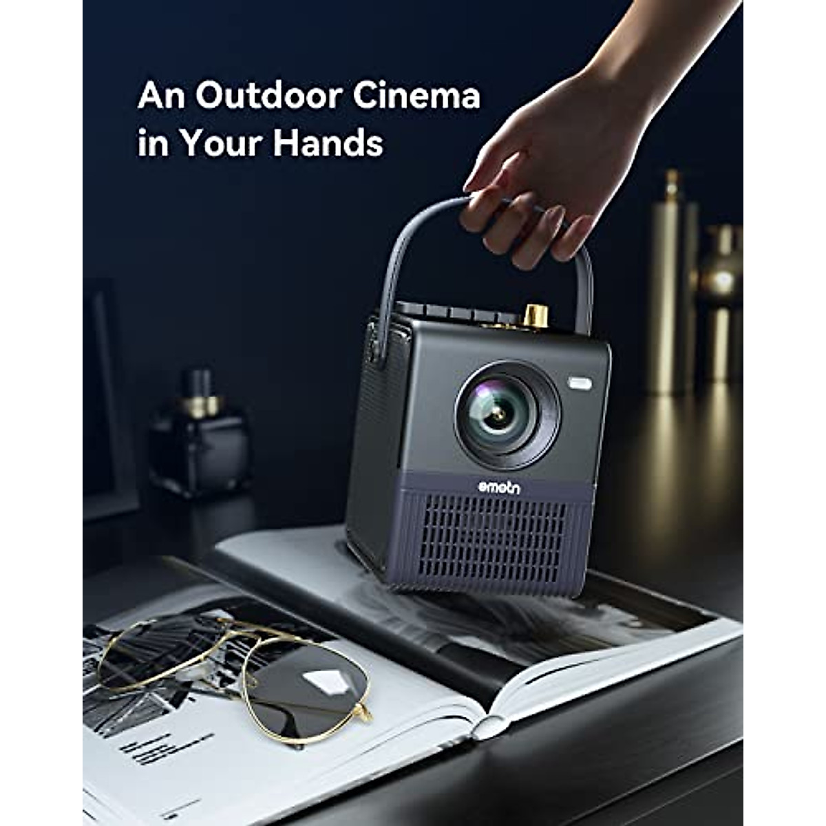 Outdoor Projector, Emotn H1 Portable Projector with Rechargeable Battery, Native 1080P HD Mini Projector with WiFi and Bluetooth, 250 ANSI Lumen 240" Display Movie Projector for Home Theater