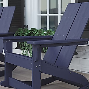 Flash Furniture Finn Modern Commercial Grade Poly Resin Wood Adirondack Rocking Chair - All Weather Navy Polystyrene - Dual Slat Back - Stainless Steel Hardware