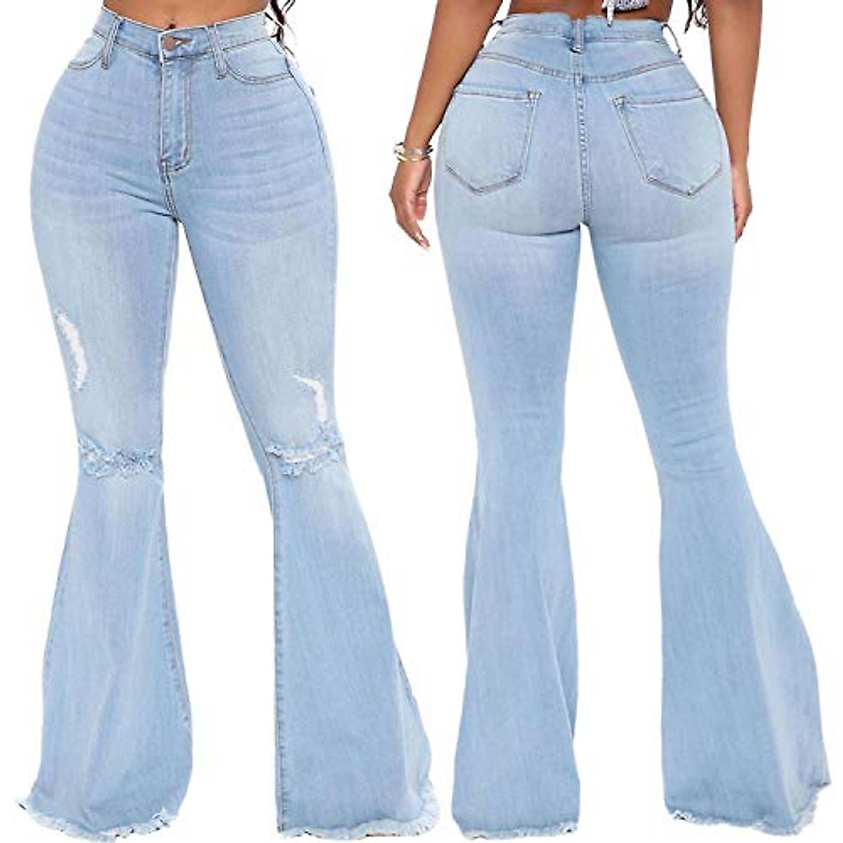 CutieLove Women's Ripped Jeans Bell Bottom Flare Jeans Mid Rise Destroyed Hem Denim Pants A-Light Blue