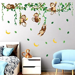 DECOWALL DS9-8053 Monkey Vines Wall Decals Kids Stickers Nursery Room Bedroom décor Living Baby Tree Removable Animal Peel Stick Jungle Art Green Home playroom Vinyl Leaves Decoration