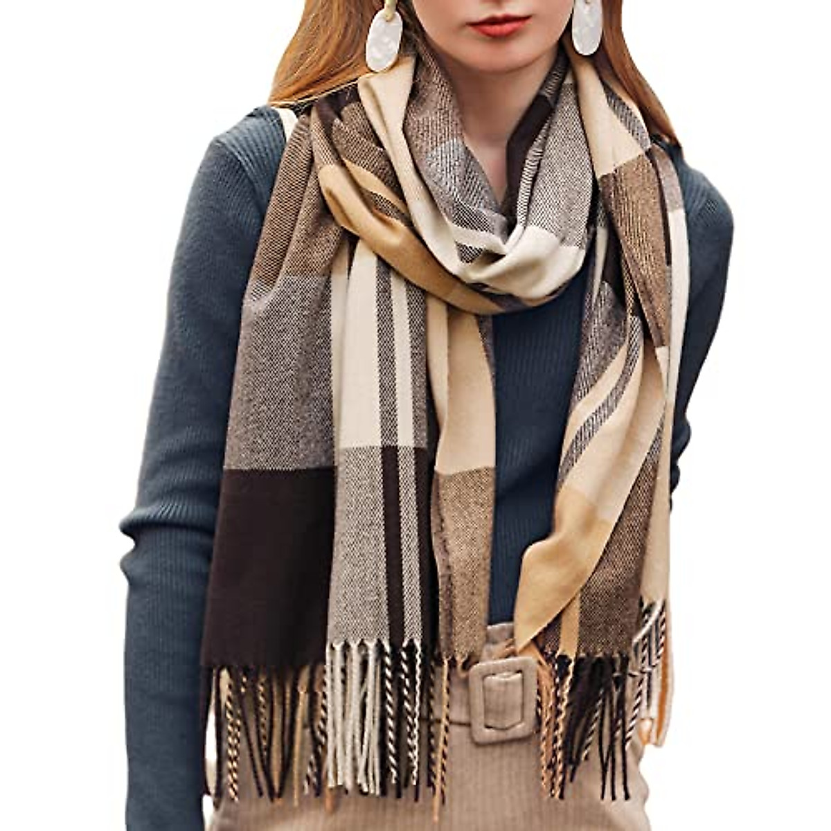 SPELLTIVE Classic Tassel Plaid Soft Cashmere Feel Womens Scarf (Brown Plaid)