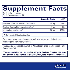 Pure Encapsulations OptiFerin-C | Iron Supplement to Support Healthy Skin, Iron Absorption, and Overall Immune System Health* | 60 Capsules