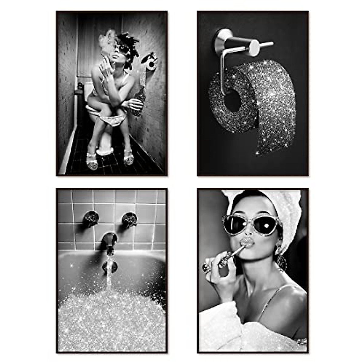 Bathroom Decor Wall Art Prints Glam Glitter Tissue Bathroom Artwork for Wall Black and White Modern Fashion Women Funny Bathroom Wall Art Set of 4 (8x12 in UNFRAMED, Black and White)