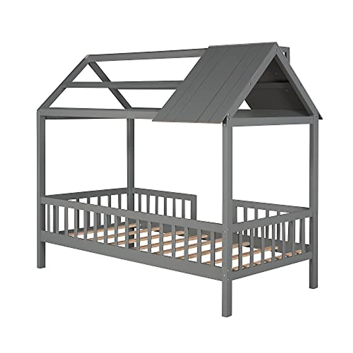 Merax House Bed Frames for Boys and Girls,Wood Twin Bed Frame House-Shaped Bed Platform Bed Frame with Roof Windows and Full-Length Safety Rails, Twin Size