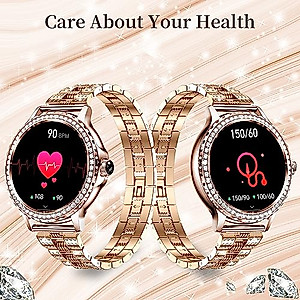 Smart Watches for Women (Answer/Make Call) with Diamonds, 1.3” HD Touch Screen Bluetooth Smartwatch for Android iOS Phones, Fitness Activity Trackers with Heart Rate/SpO2/BP/Sleep Monitor (Gold)
