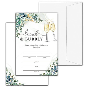 Greenery Eucalyptus Brunch & Bubbly Invitations with Envelopes for All Occasions, 25 Pcs Champagne Brunch Blank Fill-in Invites for Bridal Shower, Wedding Reception, Engagement Party(02)