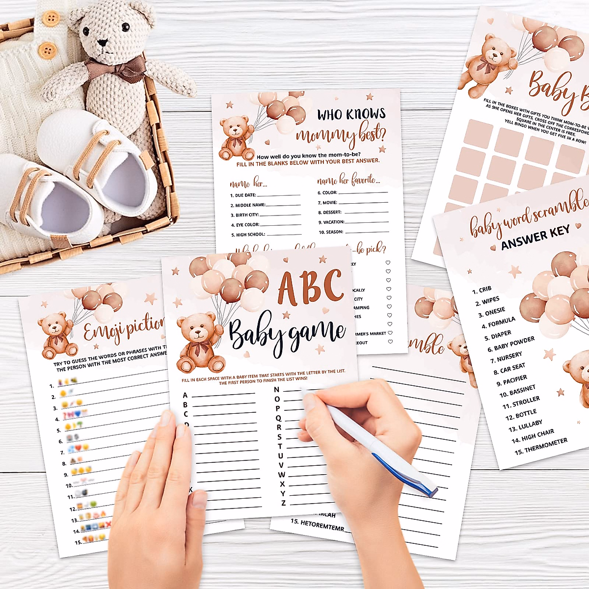 Sinasasspel 302pcs Teddy Bear Baby Shower Game Set of 6 Activities for 50 Guests Gender Neutral Includes Baby ABC, Bingo, Word Scramble, Baby Prediction and More, Each 5x7 Inches