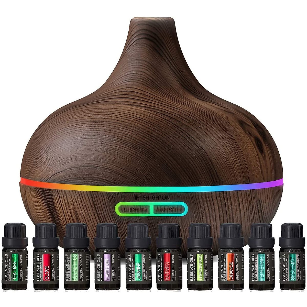 Ultimate Aromatherapy Diffuser & Essential Oil Set - Ultrasonic Diffuser & Top 10 Essential Oils - 300ml Diffuser with 4 Timer & 7 Ambient Light Settings - Therapeutic Grade Essential Oils Dark Oak
