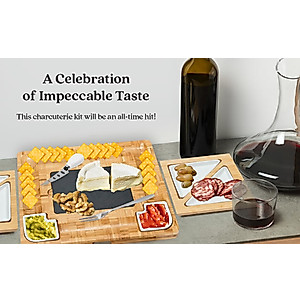 Bamboo Charcuterie Board Set of 26 Pcs - 16×13×2 Inches 4 Drawer Bamboo Board Set with Fruit Tray, Ceramic Dipping Bowls, Cutting Tools, Wine Opener, Cheese Platter Accessories (End-Grain)