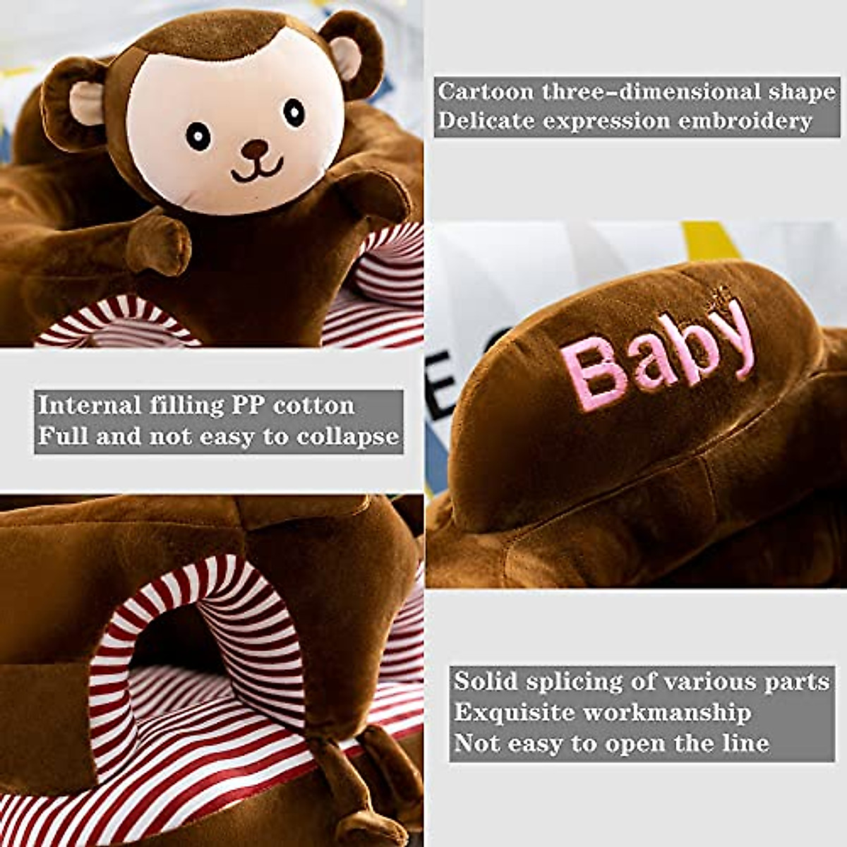 Baby Support Seat, Cute Baby Sofa Chair for Sitting Up, Comfy Plush Infant Seats (Monkey,W17.5" x H17.5")