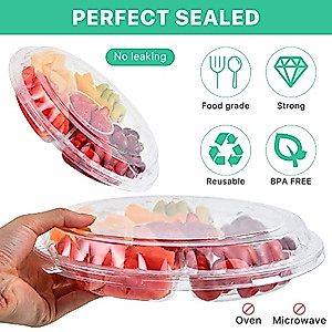 10 Pack Round Appetizer Serving Trays with Lids, 10 Inch Clear Plastic Veggie Fruit Snack Vegetable Food Serving Platters, Disposable Compartments 6 Sectional Catering Trays for Party and Buffet