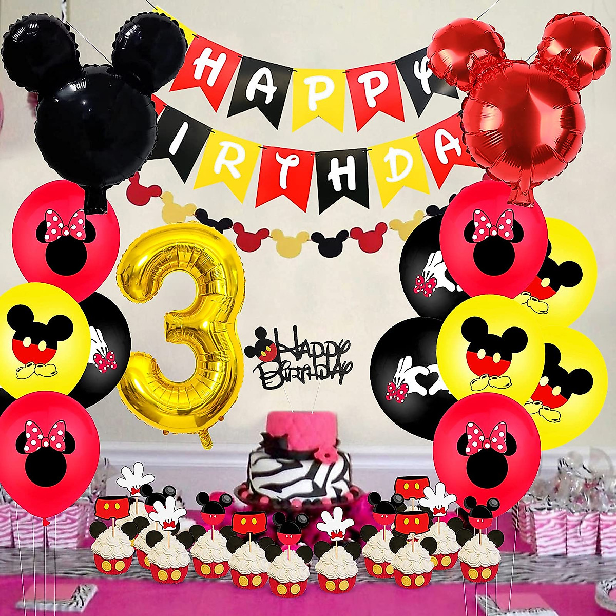 Mickey 3rd Birthday Party Supplies, Mickey 3 Years Old Decorations for boys Three Birthday Decor Red Yellow Black Balloon Banner Number 3 Foil Balloons Mouse Ears Headband for Kids… (black red 3rd)