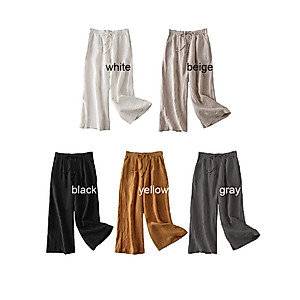 FTCayanz Women's Linen Cropped Wide Leg Pants Elastic Waist Casual Palazzo Trousers with Pockets Beige Medium