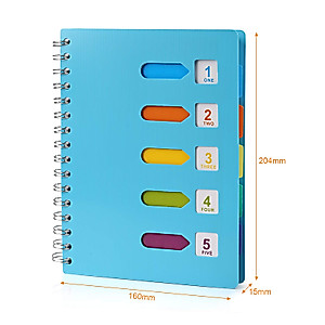Kesoto A5 Lined Notebook with Multicolored Pen Wire Spiral Subject Notebook Journal with 5 Divider Tabs & 6 Color Retractable Ballpoint Pen, 240 Pages, Blue