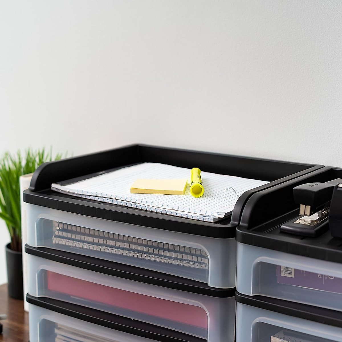 IRIS USA Medium 3-Drawer Desktop Organizer with Open Tray Top, for Office, School, Stationary, Makeup Organizer, Bathroom, Utility, Medical Supplies, Desk Organizer, Versatile Storage, Black