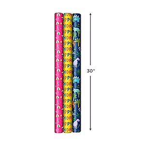 Hallmark Kids Birthday Wrapping Paper (3 Rolls: 75 sq. ft. ttl) Pink Rainbows, Blue Dinosaurs, Yellow "Happy Birthday"
