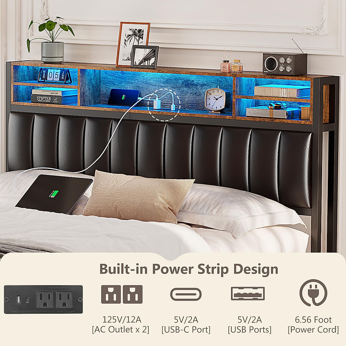 Alohappy Queen Bed Frame with Bookcase Headboard and LED Light,Upholstered Platform LED Bed Frame with Charging Station,Type-C & USB Ports,No Box Spring Needed,Easy Assembly and Noise Free
