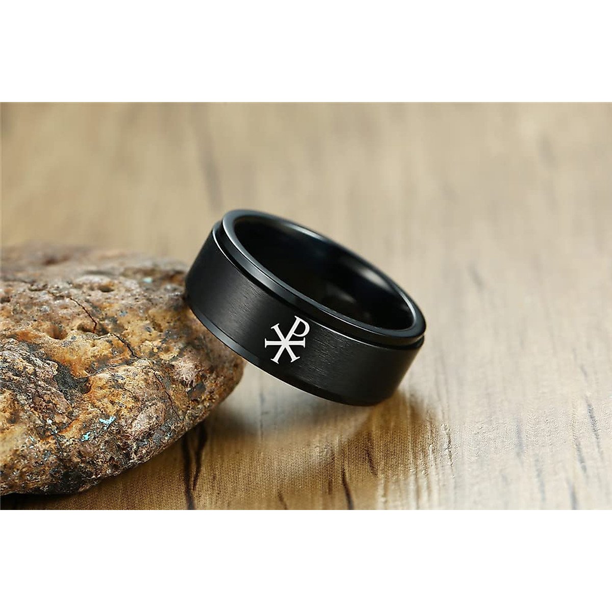 Stainless Steel Christian Symbol Cross Spinner Ring Religious Catholic Greek Letter XP Name of Christ Amulet Rotatable Anxiety Relieving Finger Ring for Men Women, Black, 9