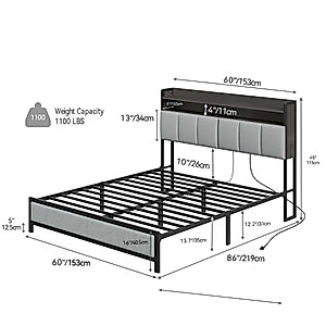 YITAHOME Queen Size Bed Frame, LED Bed Frame with Shelf Storage & Upholstered Headboard, Heavy Duty Metal Slats Platform Bed Frame with Charging Station, No Box Spring Needed, Gray