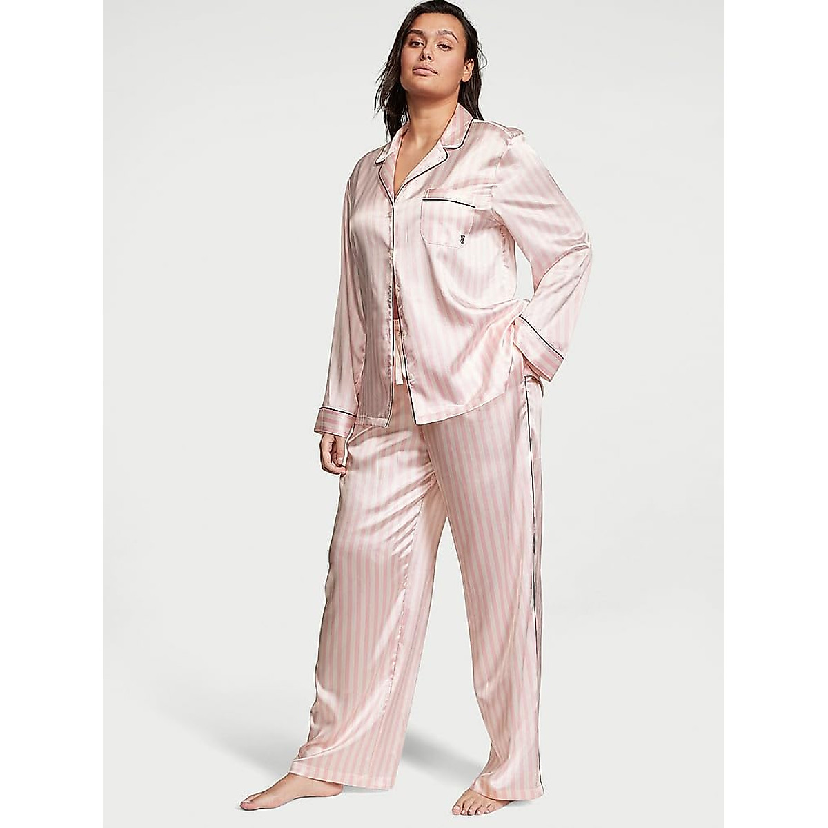 Victoria's Secret Satin Pajama Set, Long Sleeve Button Down & Pant Set, Sleepwear for Women, Pink Iconic Stripe (XL)