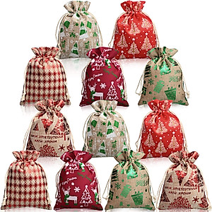 12 Pieces Christmas Drawstring Bags Xmas Metallic Burlap Bags Bronzing Bag Assorted Colors Linen Pouches Xmas Elements Snowman Snowflake Santa Claus Wrapping Bags for Candy Goody Birthday Wedding