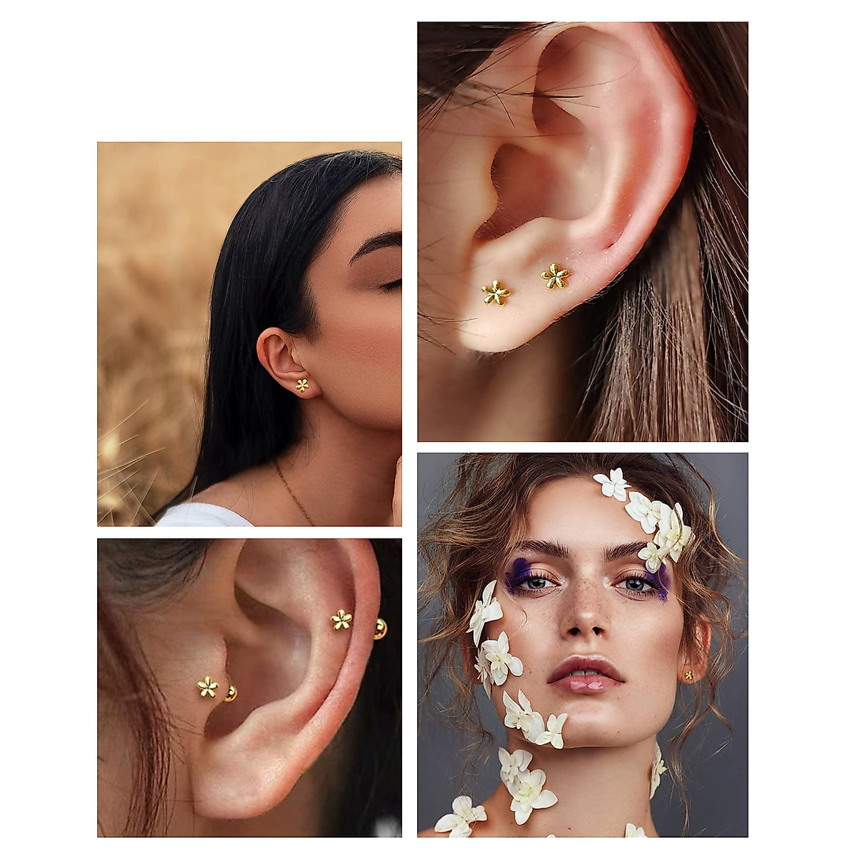 Jewseen 14K Solid Gold Cartilage Earring 16g Helix Earring Flower Cartilage Stud Tragus Piercing Jewelry for Women Conch Earring Stud Earrings Body Piercing Jewelry