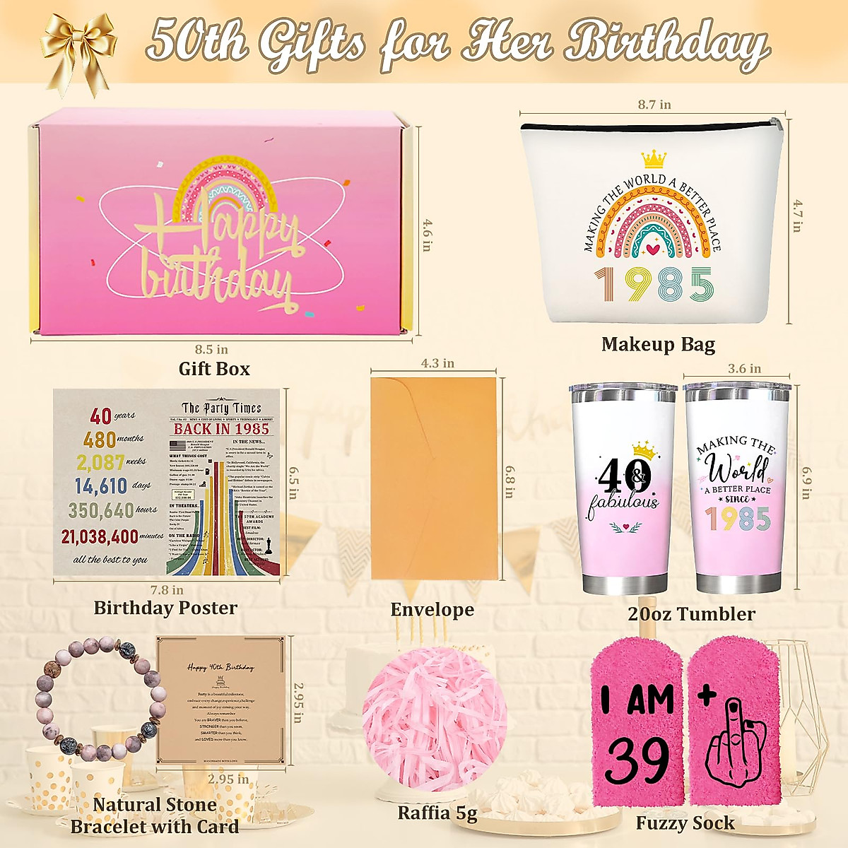 40th 1985 Birthday Gifts for Women, 40 Year Old Birthdays Gift for Woman, Cool Happy Birthday Decorations Presents Basket for Female Turning 40, 40th Fabulous Tumblers Bracelet for Her Mom Wife