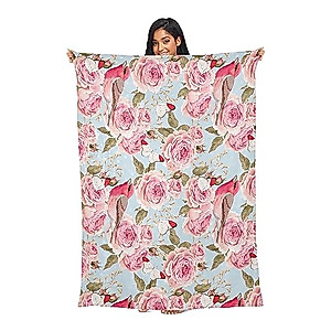 Joko Ivery Roses Birds Flowers Premium Soft Travel Blanket Pillow Airplane Blanket with Hand Luggage Belt & Backpack Clip Travel Pillow and Blanket 2 in 1 for Camping Office Home Train