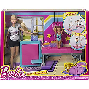 Barbie Gymnastic Dolls & Accessories, Flippin' Fun Gymnast Playset with 2 Dolls, Balance Beam & Flipping Dismount Action