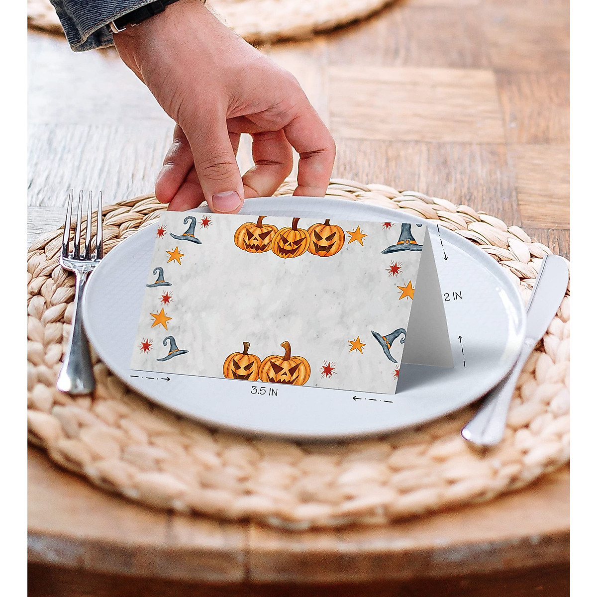 Halloween Place Cards (3.5 x 2 in) 25 pcs, Table Name Cards for Halloween Party, Seating Name Cards, Food Labels, Scored for Easy Folding, Halloween Party Supplies, Fiesta Party - SJK030