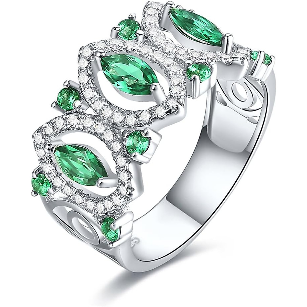 925 Sterling Silver Created Green Topaz CZ Oval Cut Halo Wide Eternity Anniversary Engagement Wedding Band Ring for Women