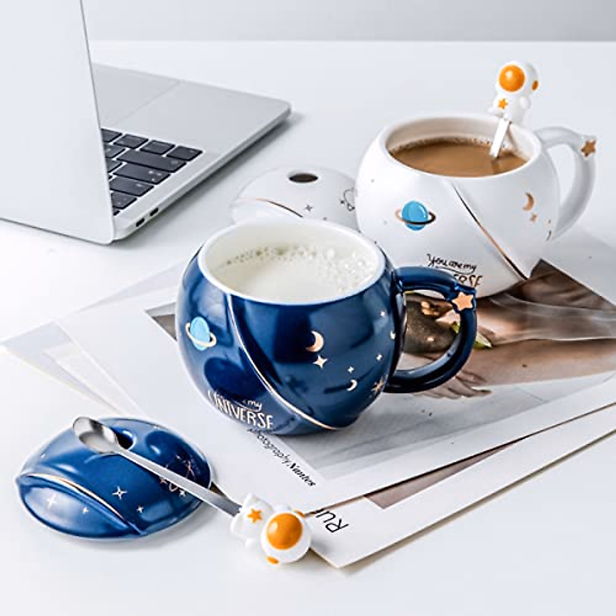 HwaGui - Cute Astronaut Mug With Lid And Spoon, Kawaii Cup Novelty Mug For Coffee, Tea And Milk, Mug Gift Blue 450ml/15oz