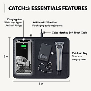 Courant Catch:3 Essentials - Belgian Linen Wireless Charger & Valet Tray - Qi-Certified, Compatible with iPhone 14, 13, 12, 11, Samsung Galaxy S23, S22, S21, S20, Note, AirPods, AirPods Pro (Charcoal)