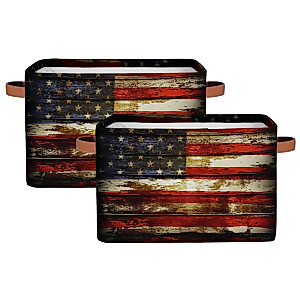 KOBLEN 4th Of July American Flag Wooden Storage Basket Collapsible Storage Cube Box Fabric Toys Storage Bins Large Organizer with Handles for Shelf Closet Bedroom Home Office