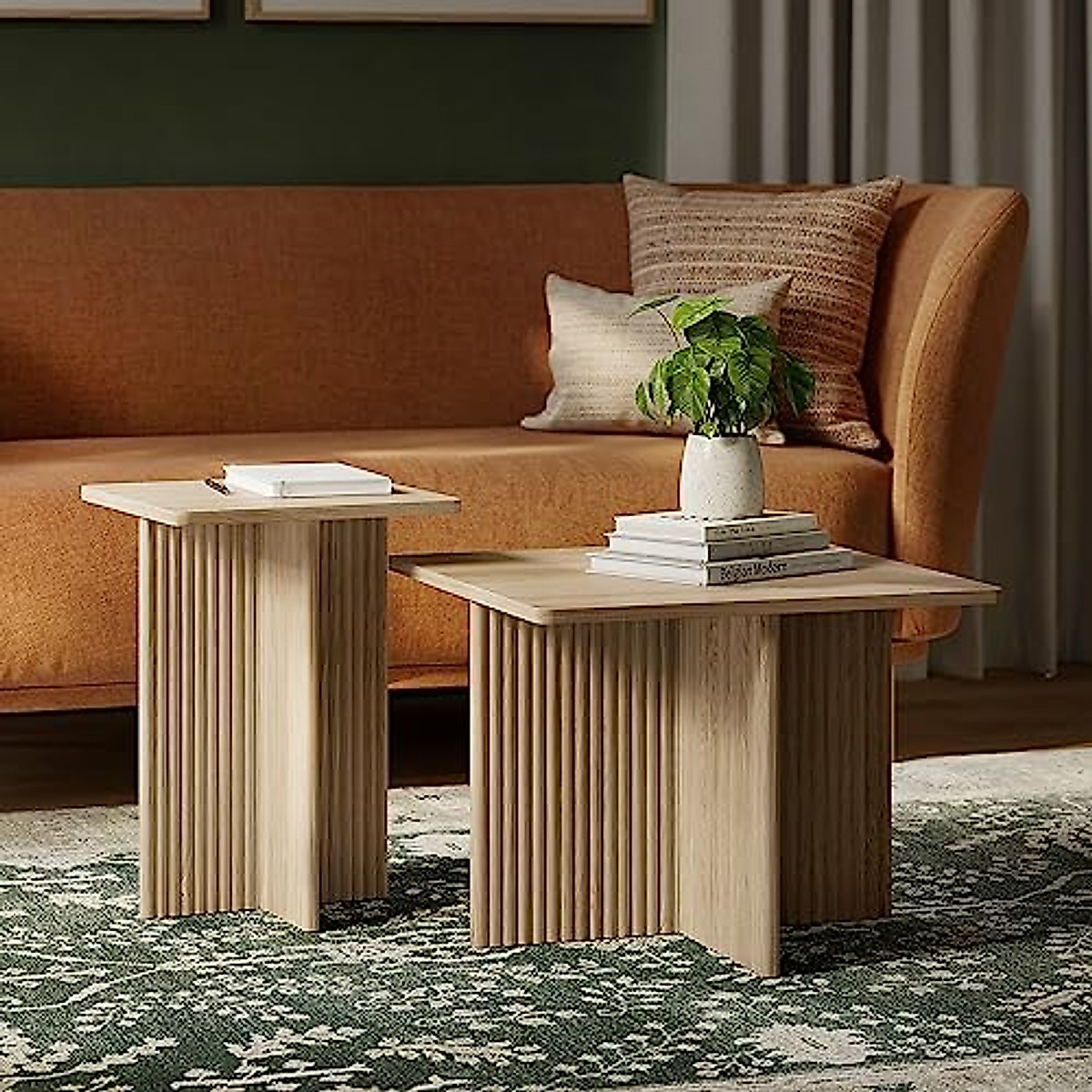 Square Fluted Nesting Coffee Table - 2 Piece Square Coffee Table Set - Living Room Furniture - Modern Home Decor - Solid Oak Base (Natural Oak)