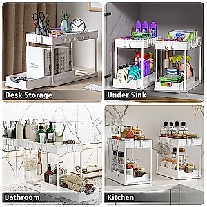 ArtZON Under Sink Organizers and Storage, 2-Tier Sliding Cabinet Basket Organizer with Hooks, Multi-Purpose Under Sink Organizers and Storage for Bathroom Kitchen (White 2 Pack)