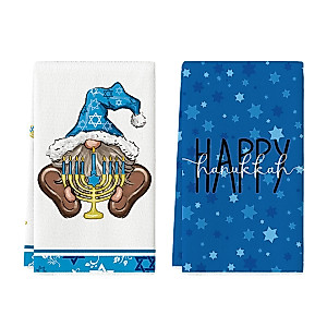 Artoid Mode Menorah Gnomes Stars Happy Hanukkah Kitchen Towels Dish Towels, 18x26 Inch Seasonal Christmas Decoration Hand Towels Set of 2