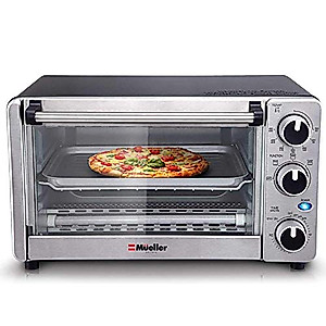 Toaster Oven 4 Slice, Multi-function Stainless Steel Finish with Timer - Toast - Bake - Broil Settings, Natural Convection - 1100 Watts of Power, Includes Baking Pan and Rack by Mueller Austria