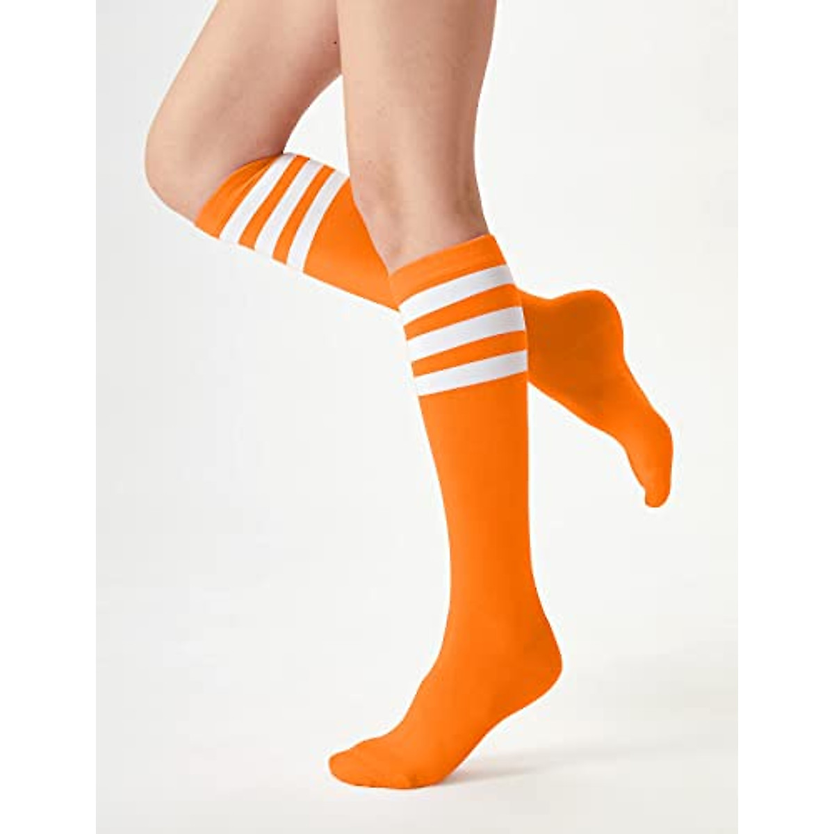 Joulli Women's Knee High Athletic Socks Stripe Tube Outdoor Sport Socks 3 Pairs, Orange
