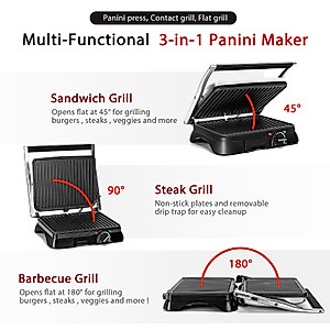 Aigostar Panini Press, 4 Slice Panini Press Grill with Temperature Control, 1400W Sandwich Maker Electric Indoor Grill with Non-Stick Plates, Opens 180 Degrees for Any Size Food, Removable Drip Tray