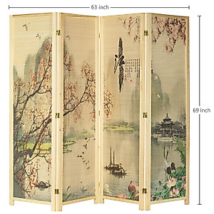 MyGift Decorative 4-Panel Folding Bamboo Room Divider Asian-Inspired Cherry Blossom Scene, Freestanding Floral Artwork Room Partitioner with Beige Wood Frame