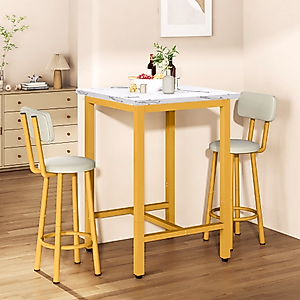 Lamerge 3 Pieces Bistro Dining Set for 2 Kitchen Square Breakfast Table Set Bar Table Space Saving Faux Marble Top and Upholstered Chairs Set for Apartment Dining Room with Gold Metal Frame