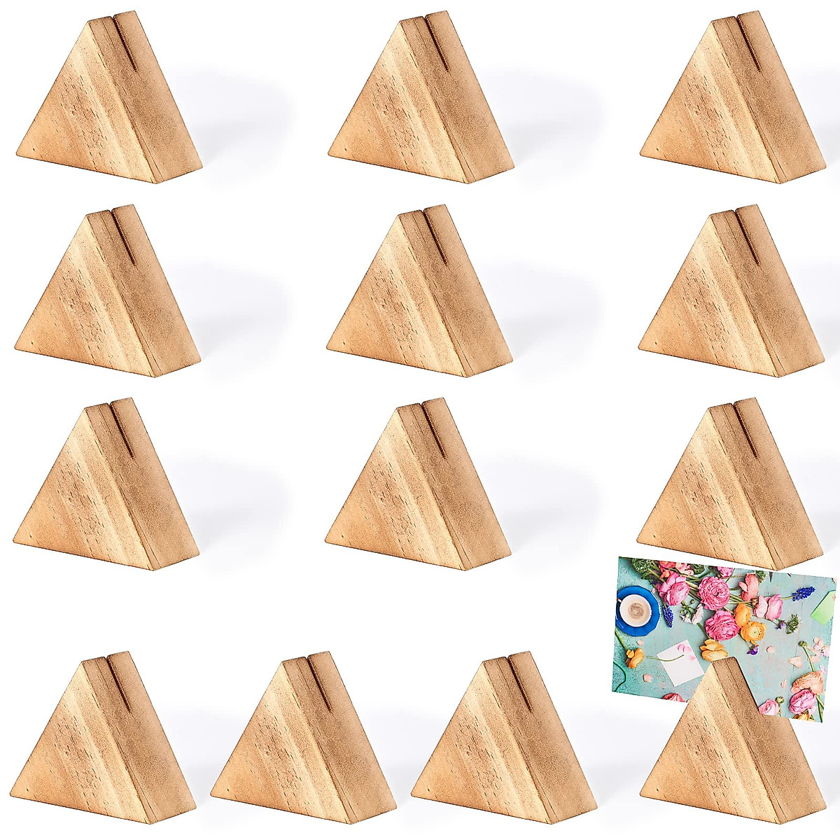 CHGCRAFT 10Pcs Triangle Wood Photo Holder Table Numbers Sign Holders Wooden Place Card Holders Name Photo Picture Holders for Wedding Party Birthday, 56x64x32mm