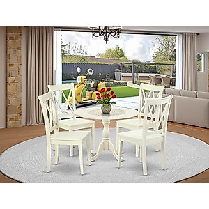 East West Furniture DMCL5-LWH-W 5 Piece Dining Room Table Set Includes a Round Dining Table with Dropleaf and 4 Wood Seat Chairs, 42x42 Inch, Linen White
