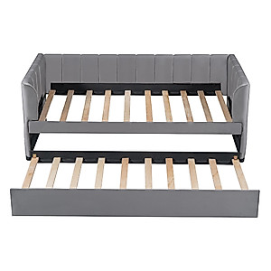 KTATK Twin Size Velvet Upholstered Daybed with Ergonomic Design Backrest and Trundle,Classic Stripe Shaped Headboard,No Box Spring Needed,for Bedroom, Living, Guest Room,Gray