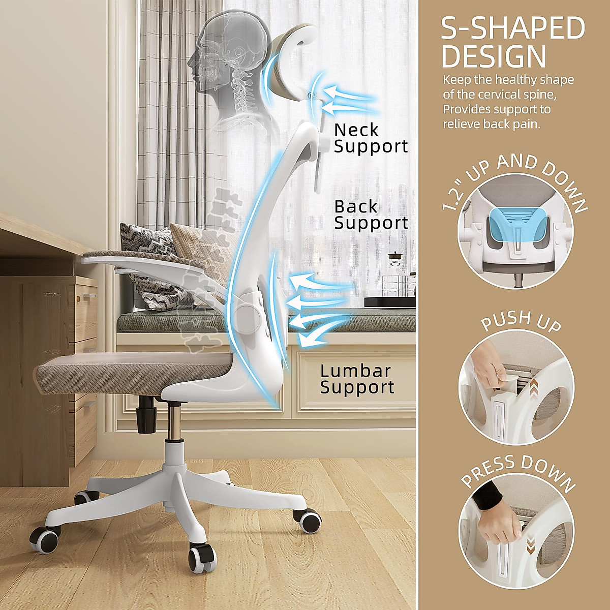 Monhey Home Office Desk Chair Office Chairs, Ergonomic Office Chair with Adjustable Headrest, Lumbar Support and Flip-up Arms, Computer Chair Khaki Mesh Chair for Home Office