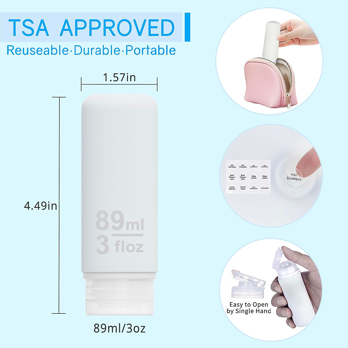 Craftend Silicone Travel Bottles for Toiletries TSA Approved Travel Size 3oz Containers Set 4 Pack Portable Leak Proof Refillable Cosmetic Squeeze Bottles Shampoo Conditioner Body Lotion Shower Gel