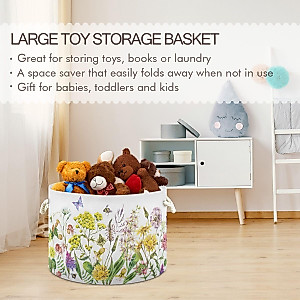 linqin Large Collapsible Cotton Rope Basket Wildflower Floral Laundry Basket 20 x 14 Inches Storage Basket Organizer for Toys, Pillows, Cushions in Living Room, Home Decor