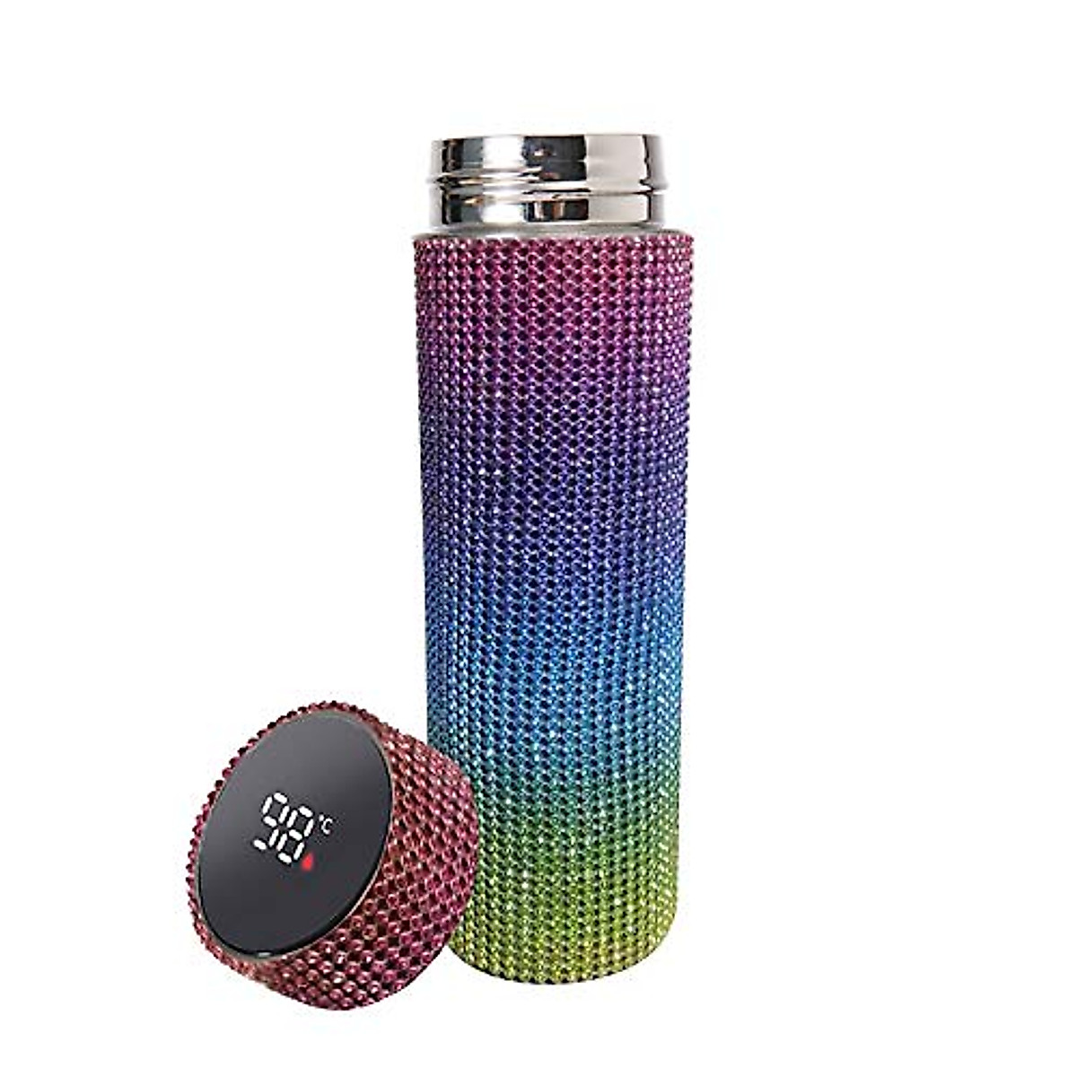 Thermos Water Bottle for Women Men Kids, Haokanba Diamond Rhinestone Thermos Cup with Temperature Display, Bling Vacuum Sparkling Insulated Water Bottle Travel Mug Stainless Steel with Lid, 17 oz (B)